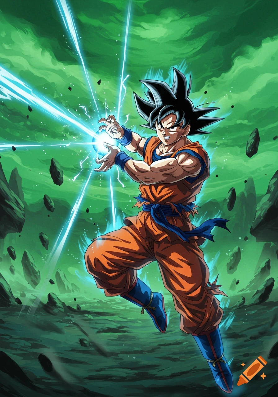 Goku from Dragon Ball powers up, surrounded by blue energy and floating ...