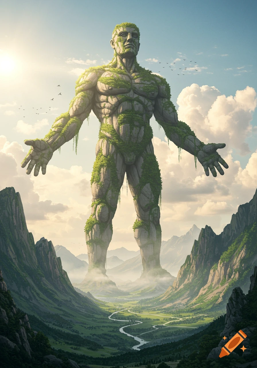 A colossal moss-covered giant looks down at a tiny human standing on ...