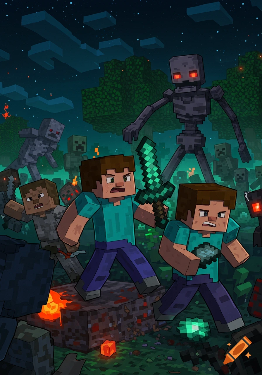 Minecraft comic art of a player with a diamond sword battling an Ender ...