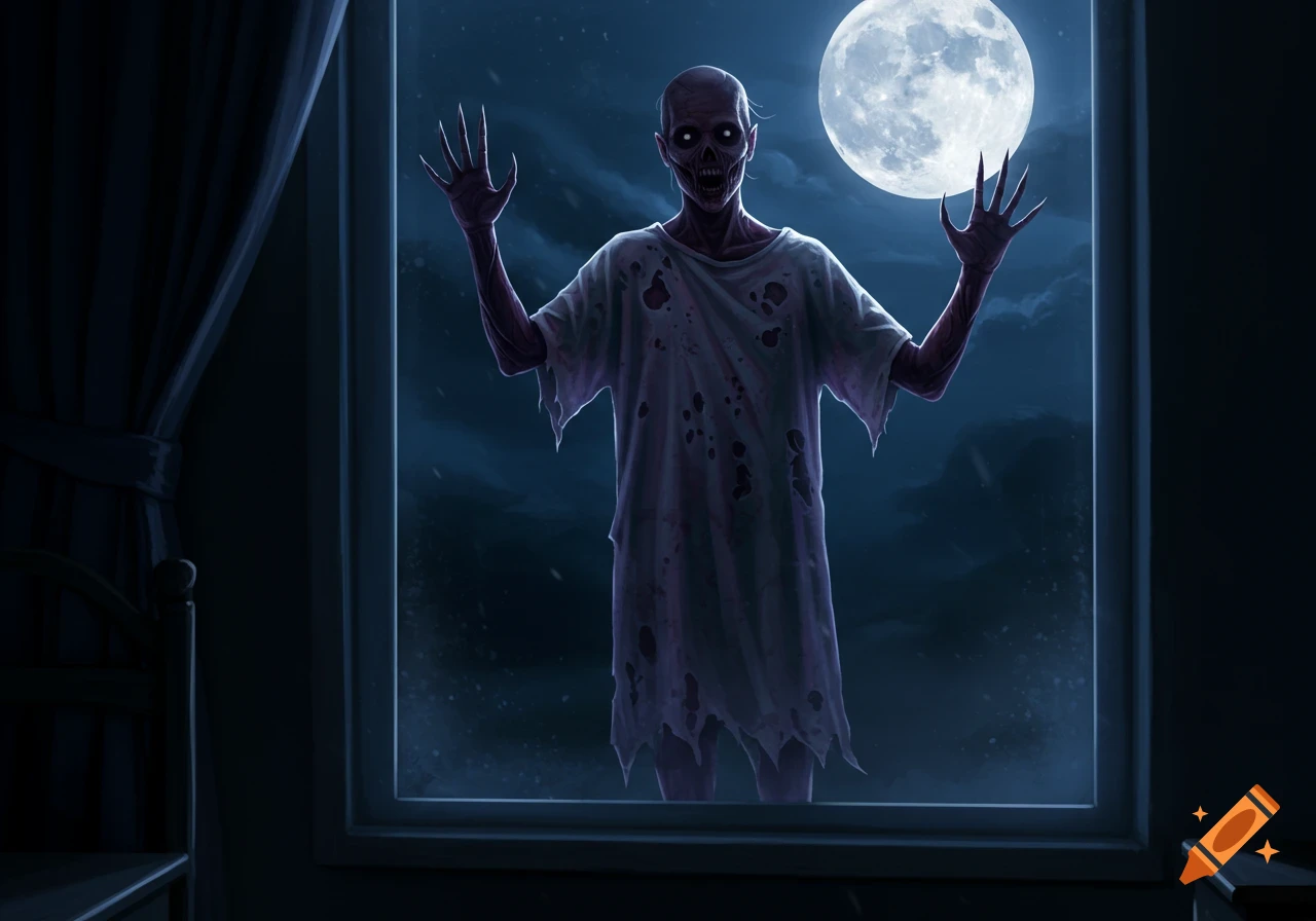 Creepy psychedelic art of a skeleton-faced scarecrow with long hair in ...