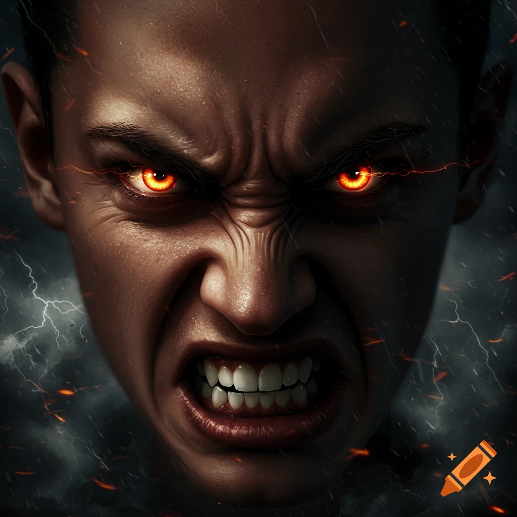 A man's face distorted in a furious snarl, baring teeth, with glowing ...