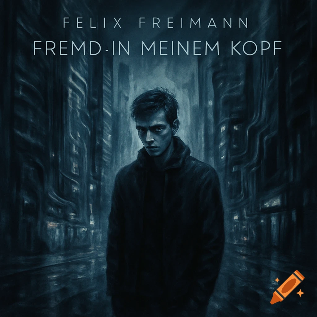 A stylized digital painting of a sad man standing in a dark, rainy city ...