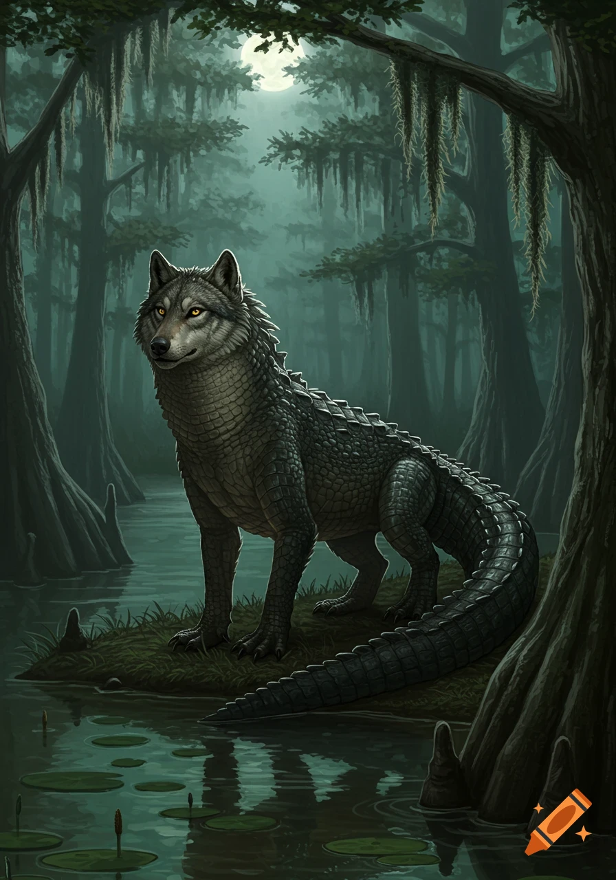 Detailed illustration of a green alligator-bulldog hybrid creature with ...