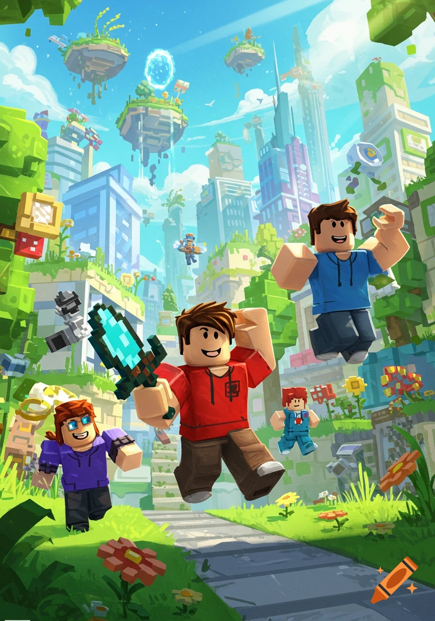 Roblox-style block characters run and float through a vibrant ...