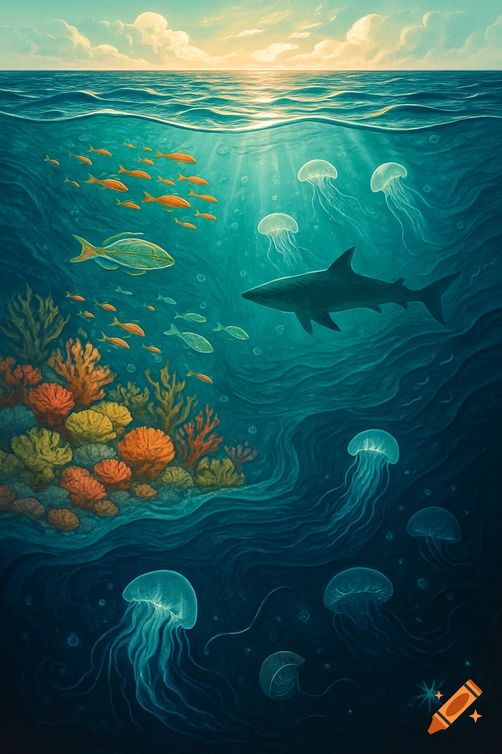 A vibrant illustration of a sea turtle swimming underwater, with light ...