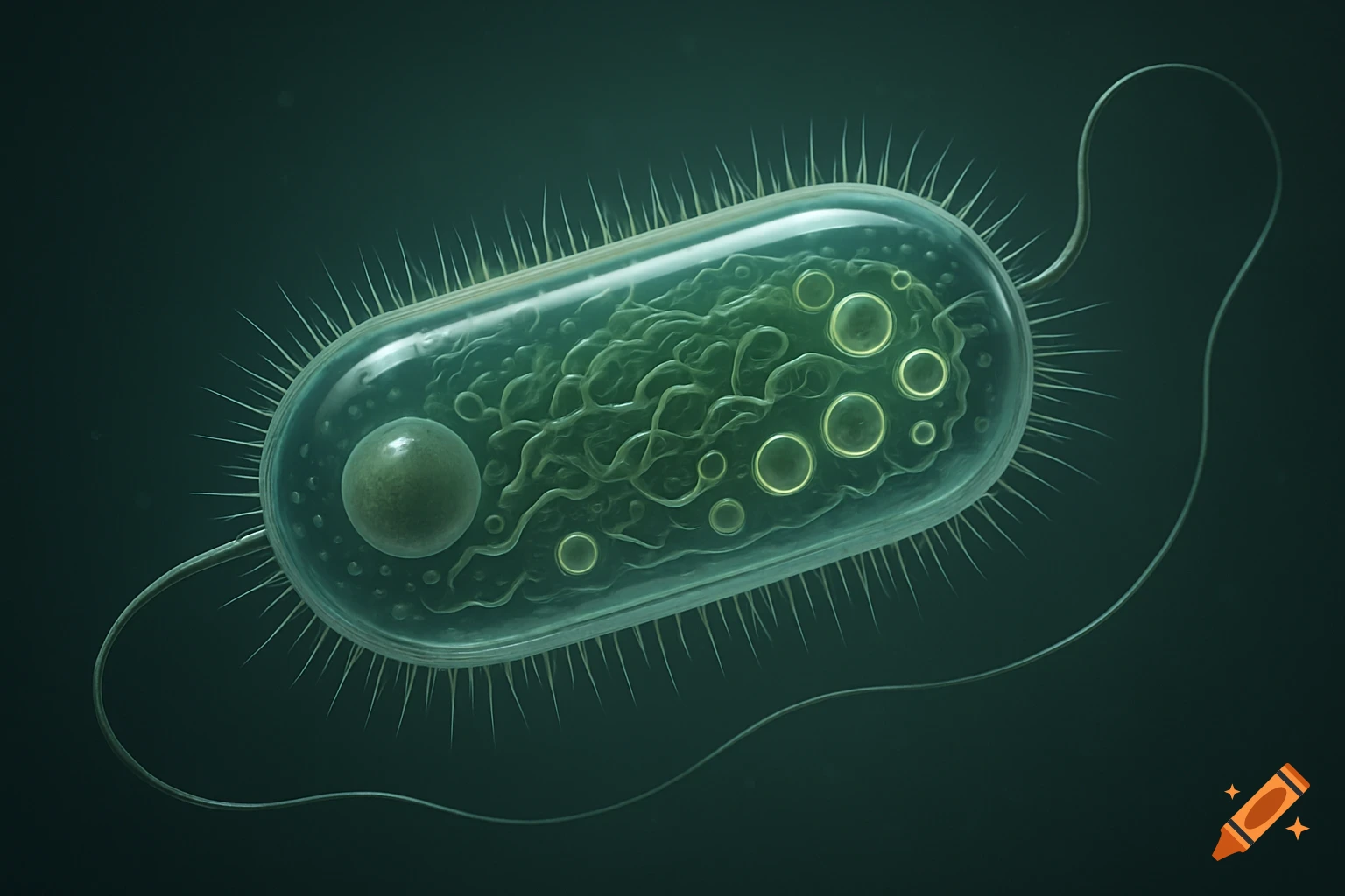 Detailed illustration of a sectioned rod-shaped bacterium with a green ...