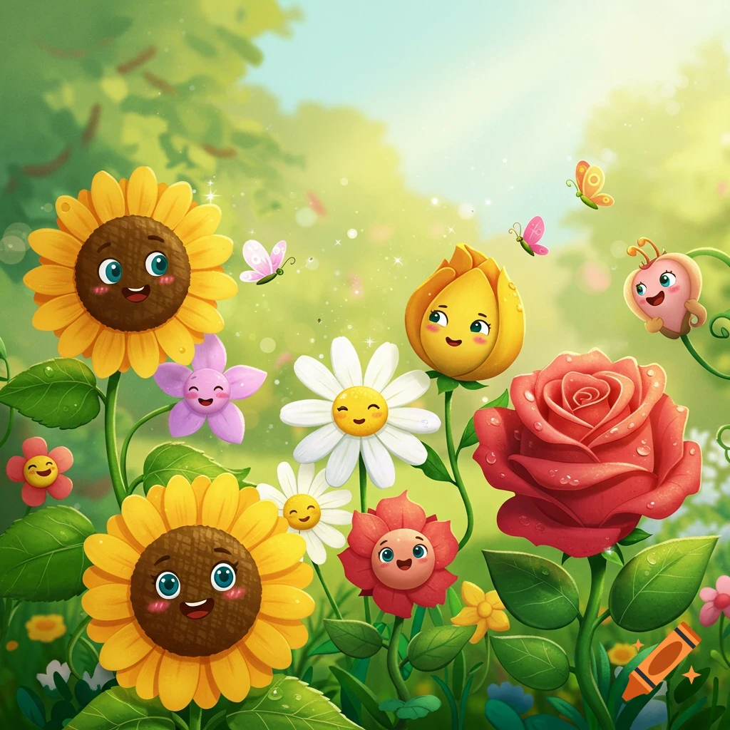 Animated cartoon flowers with happy faces, including sunflowers ...
