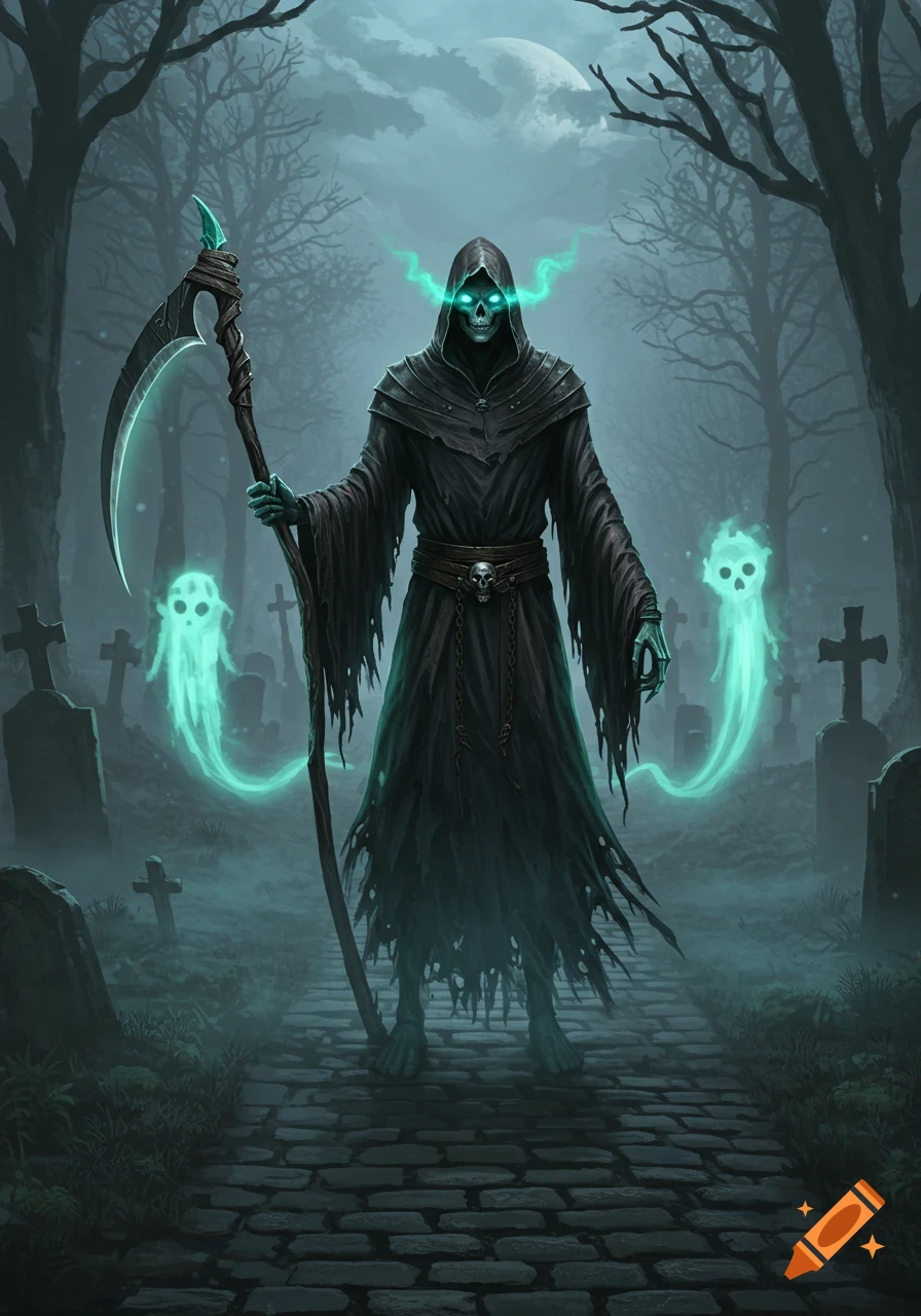 A stylized grim reaper with glowing eyes and skull armor holds a scythe ...