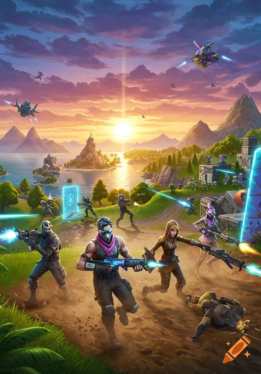 Fortnite 1v1 map thumbnail featuring characters building in high quality on Craiyon