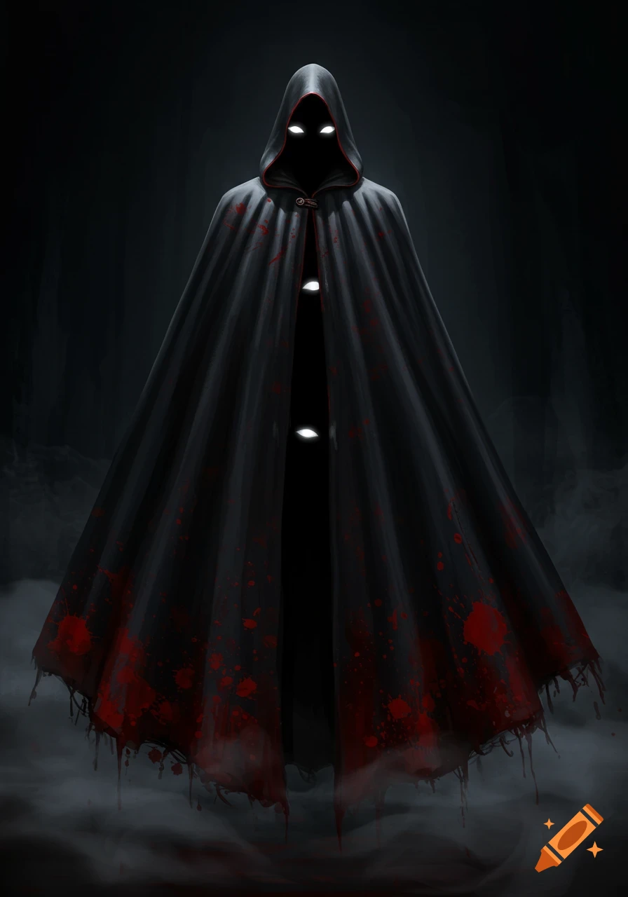 A mysterious figure in a flowing red hooded cloak with glowing white ...