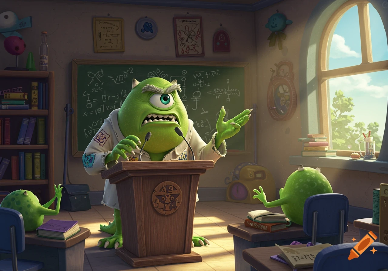 Mike Wazowski, with a slight hump, teaches a class of diverse, colorful ...