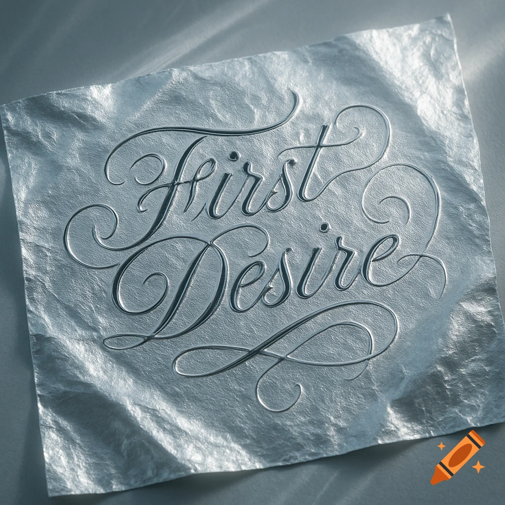 The words 'First Desire' elegantly engraved in calligraphy on a sheet ...