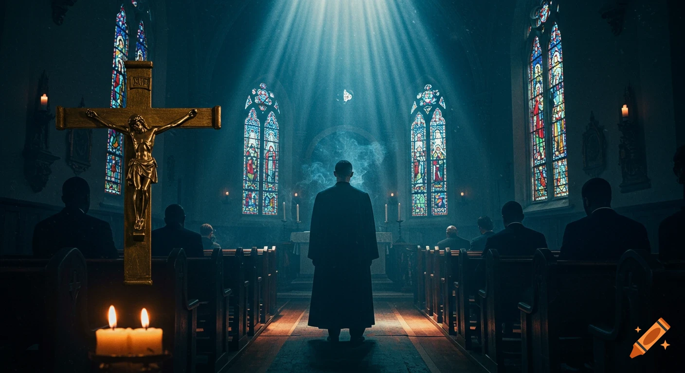 Four people in loose, natural-colored linen clothing and straw hats ...