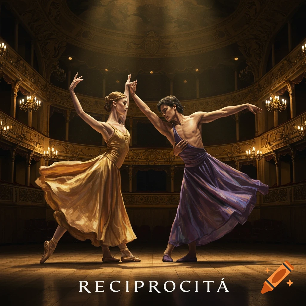 Two ballet dancers, a man and a woman, in flowing costumes perform on a ...