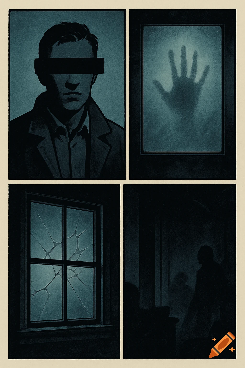 A painting of three solemn men's faces above a glowing book titled "The ...