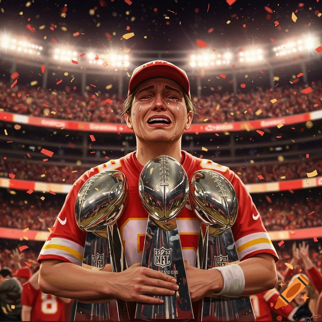 A crying Kansas City Chiefs fan in a stadium holds three Super Bowl ...