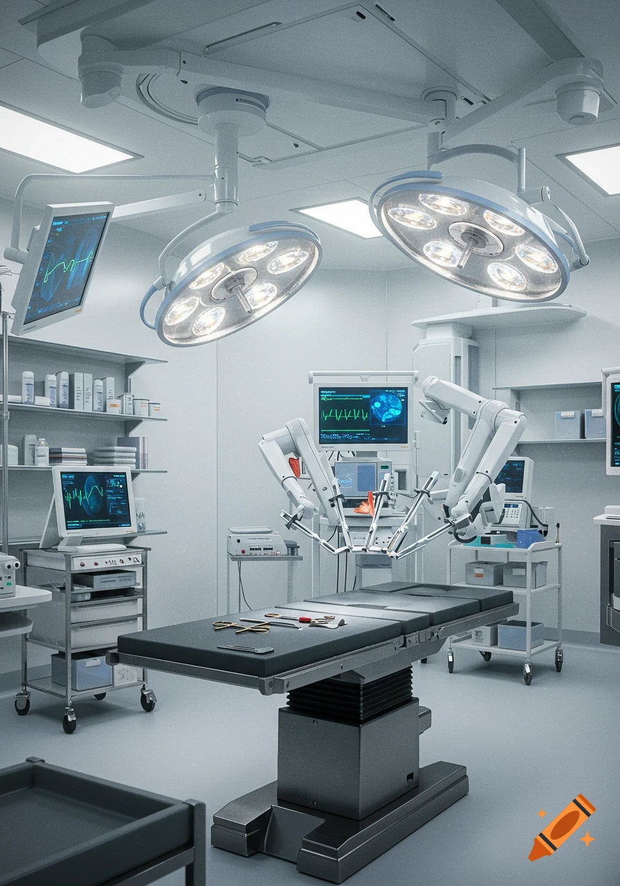 A clean, modern operating room with a surgical table, overhead lights ...