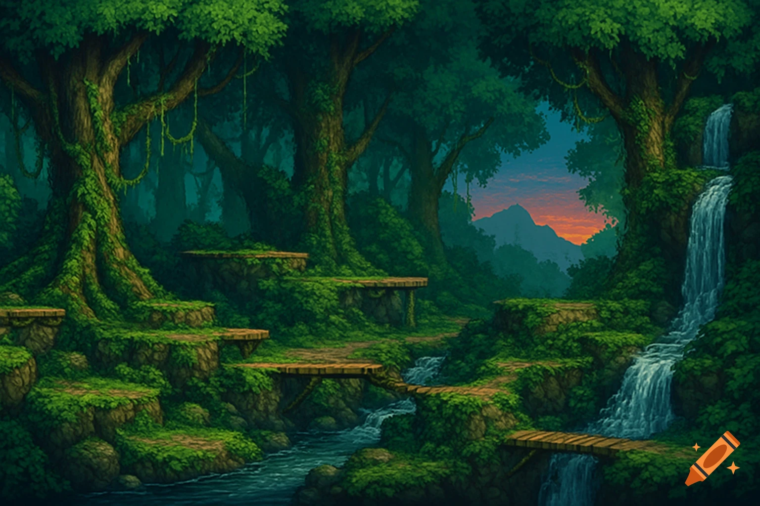A lush 2D pixel art forest landscape with waterfalls, a winding river, and wooden platforms ...