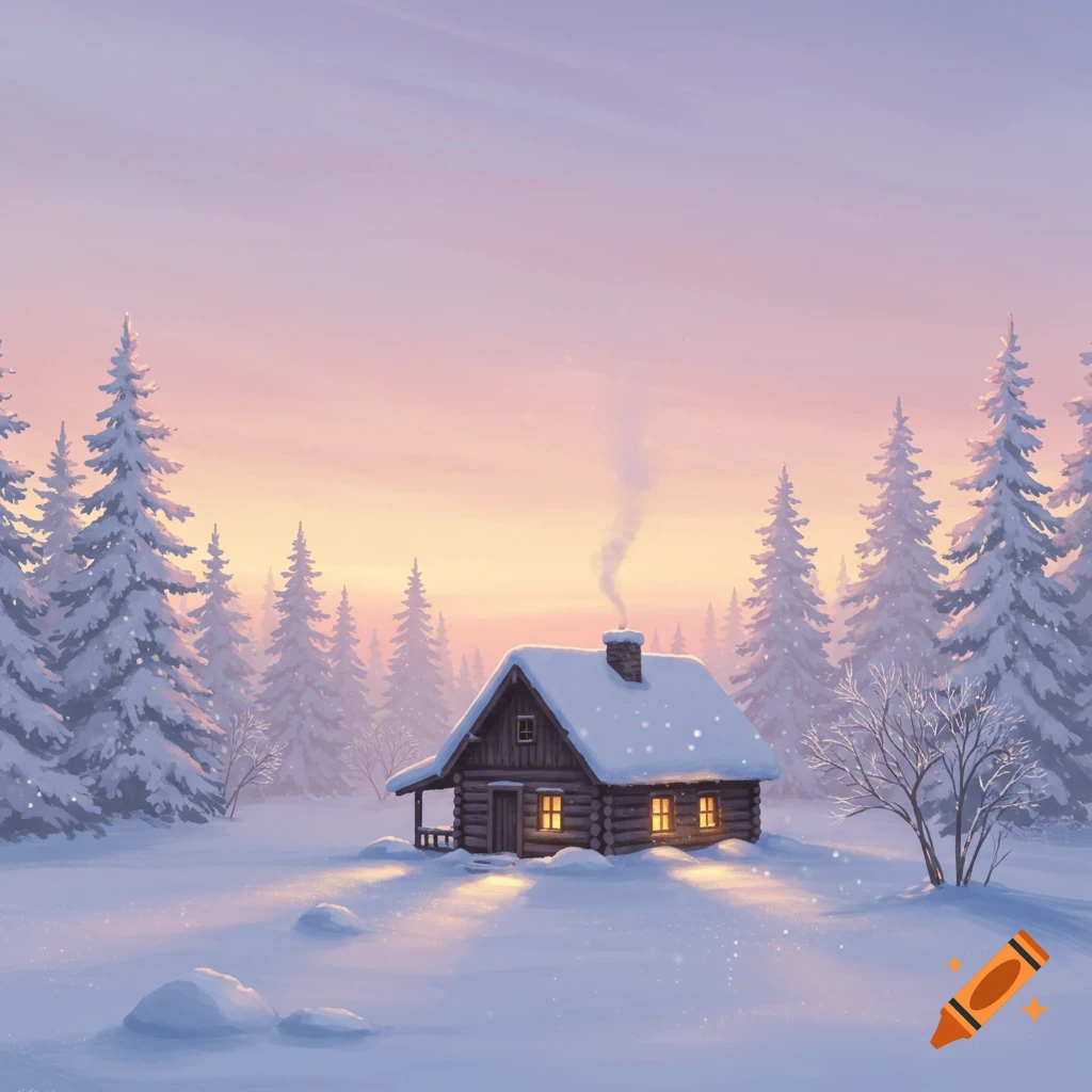 A snow-covered village at night with a large decorated Christmas tree ...