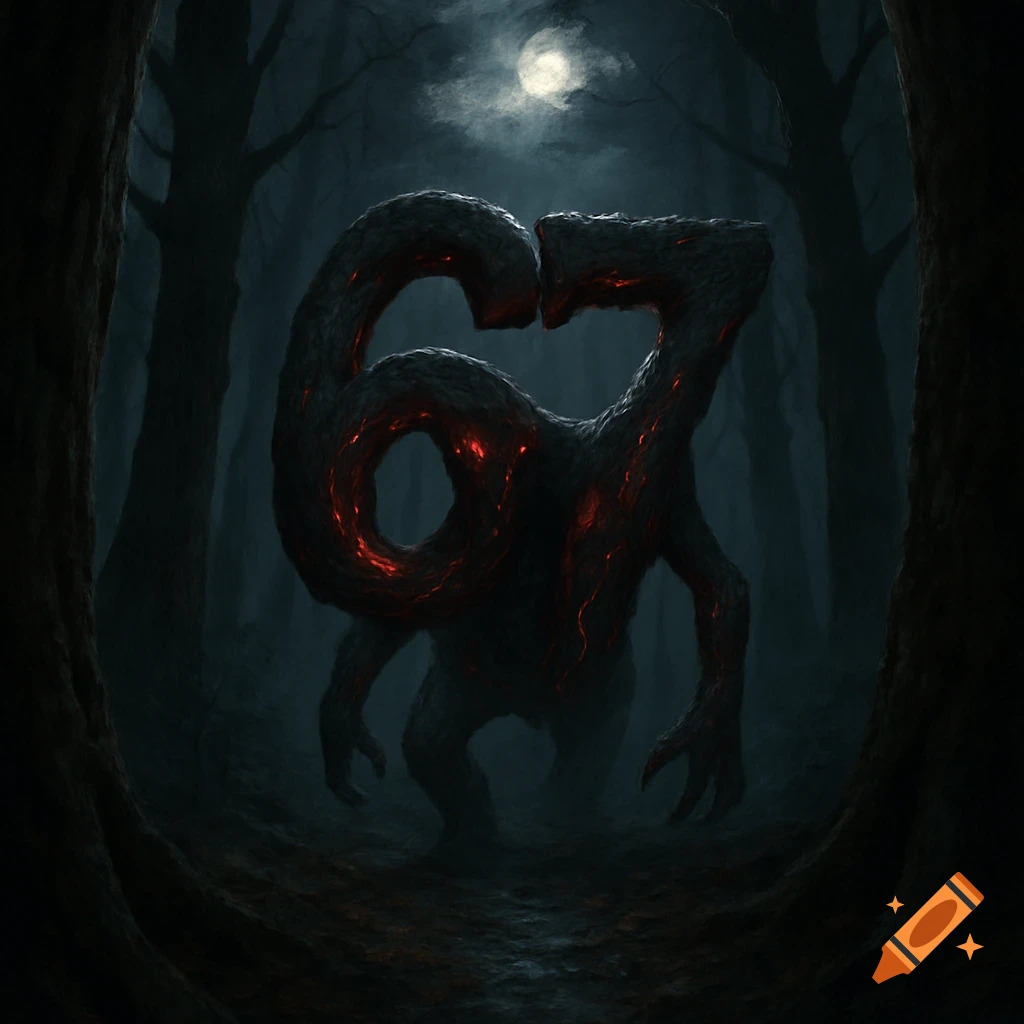 A terrifying, glowing red and black creature shaped like the number 67 ...