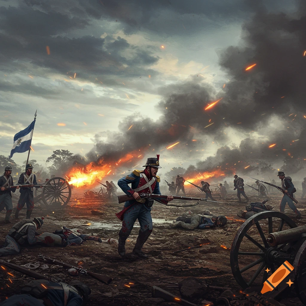 A dramatic historical battle scene with soldiers in period uniforms ...