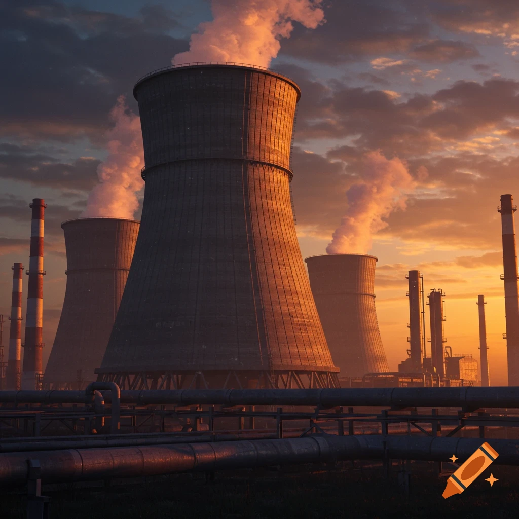 Two nuclear power plant cooling towers emit steam against a dramatic ...