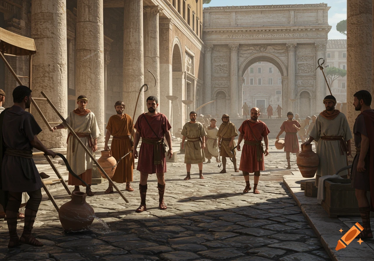 A hyper-realistic scene of Roman Vigiles Urbani in ancient Rome ...