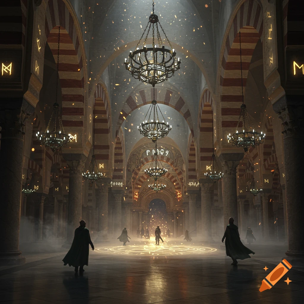 Cloaked figures in a magical, grand hall with glowing runes, ornate ...