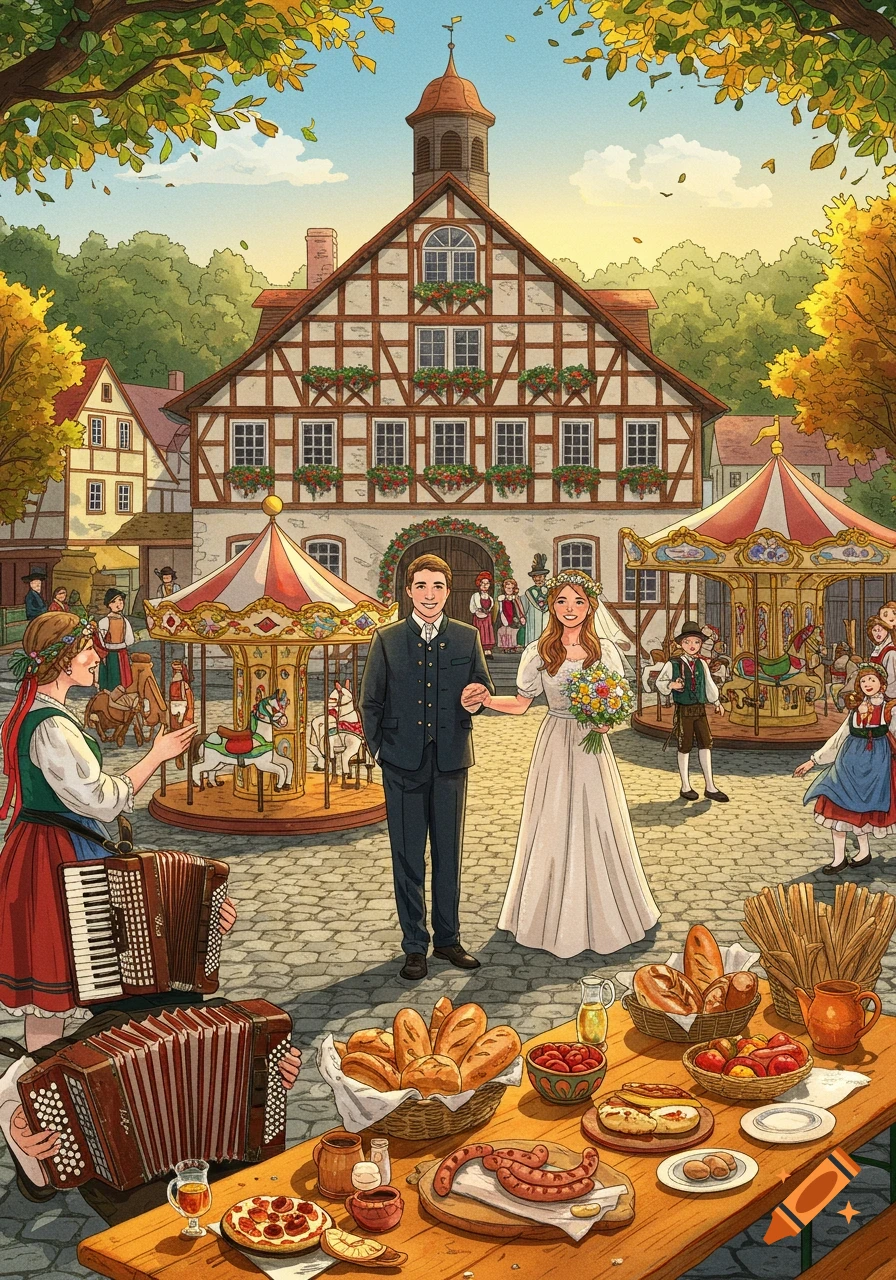 A vibrant illustration of a traditional German wedding festival in a ...