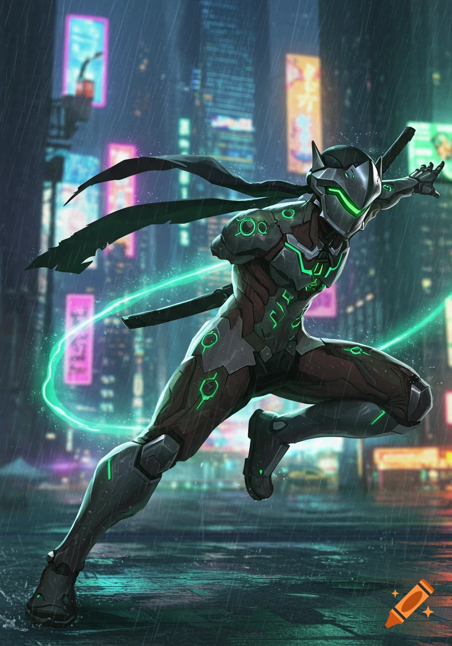 Genji, an armored cyborg ninja from Overwatch, crouches in a rainy ...