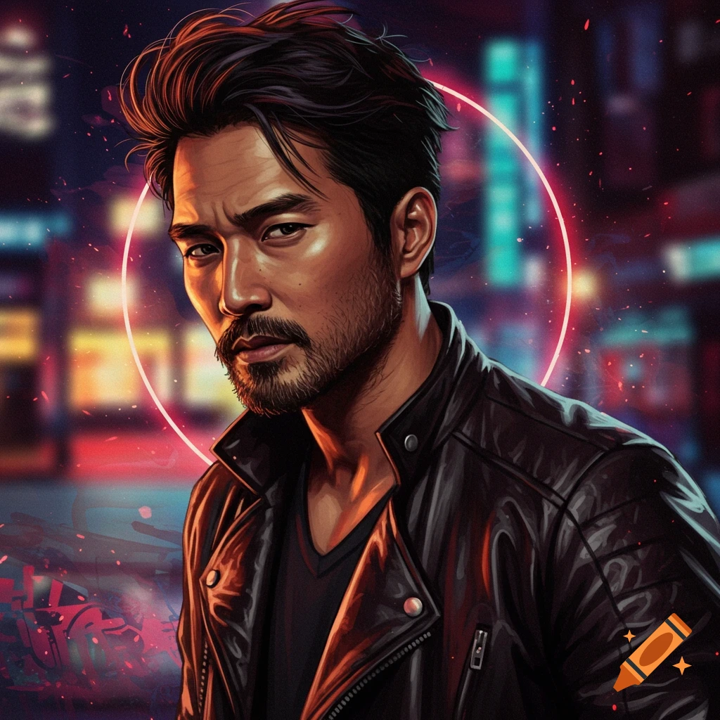 Stylized portrait of a scruffy man in a leather jacket against a neon ...