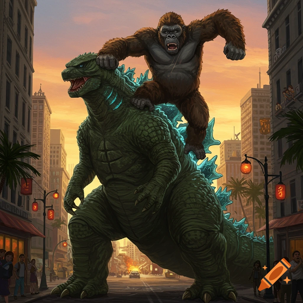 King Kong rides Godzilla's back, roaring as they stride through a city ...