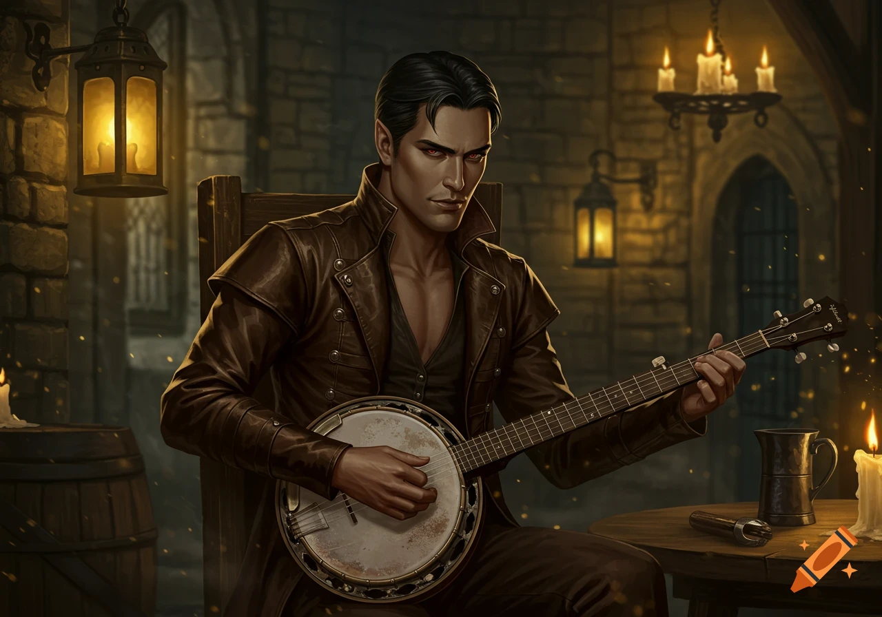 A dark-haired male vampire with red eyes, wearing a brown leather ...