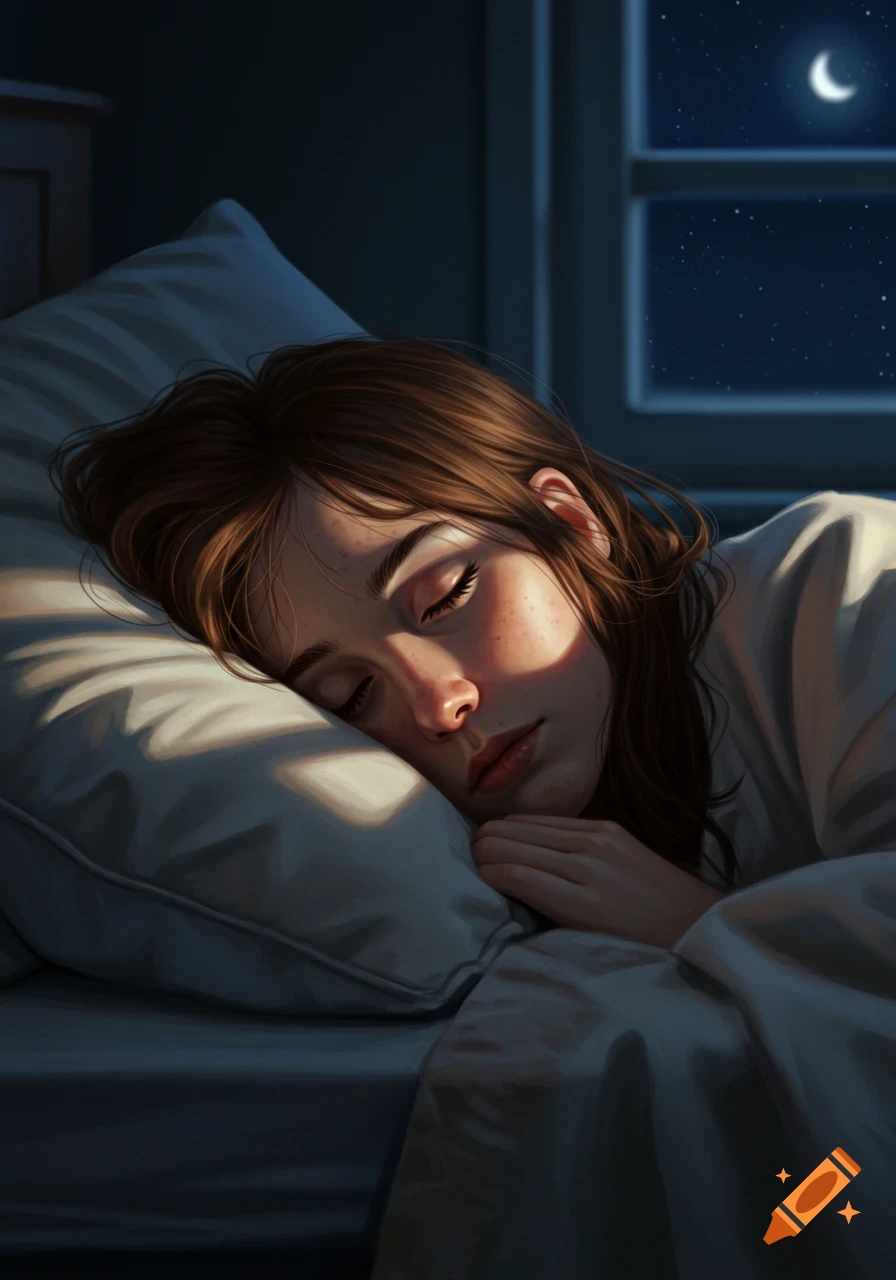 A digital art illustration of a young woman sleeping peacefully in bed ...
