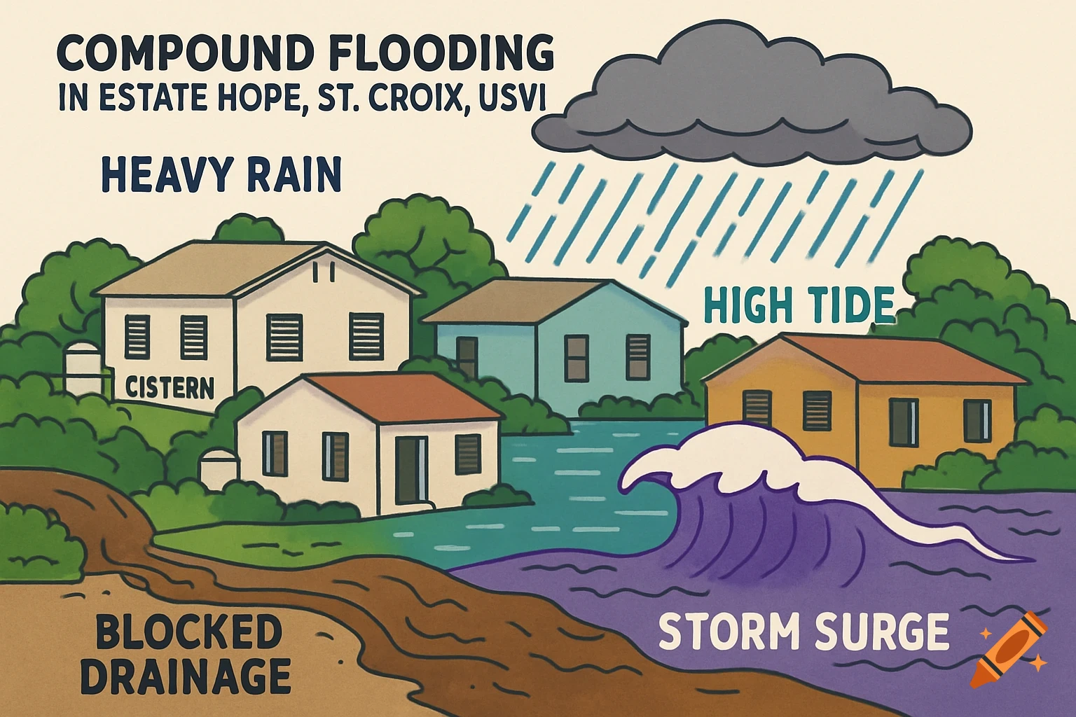 Illustrative diagram showing compound flooding from heavy rain, high tide, storm surge, and ...