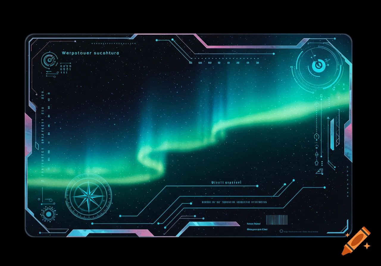 Futuristic holographic UI overlaying a vibrant green aurora borealis ...