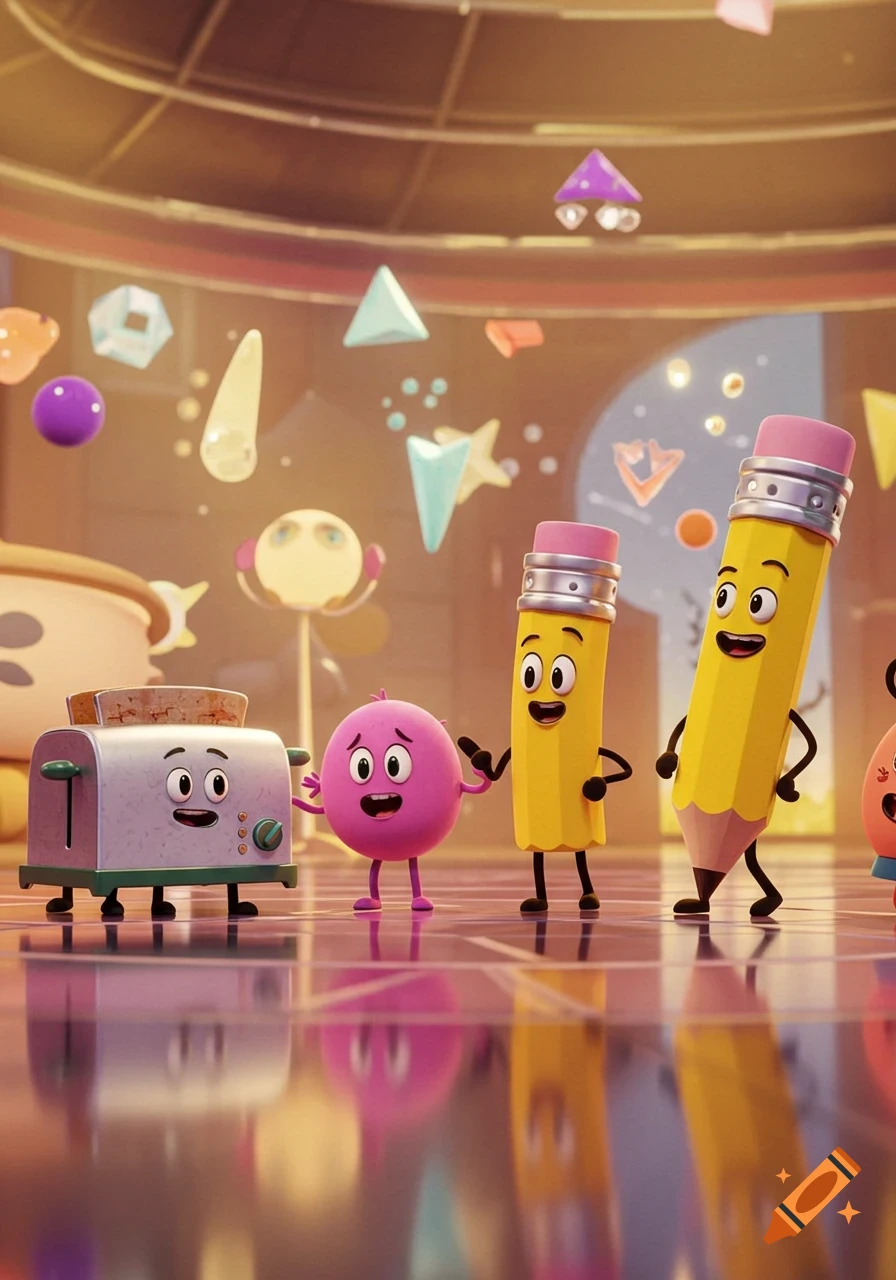 A smiling purple cartoon backpack with big eyes stands in a vibrant ...