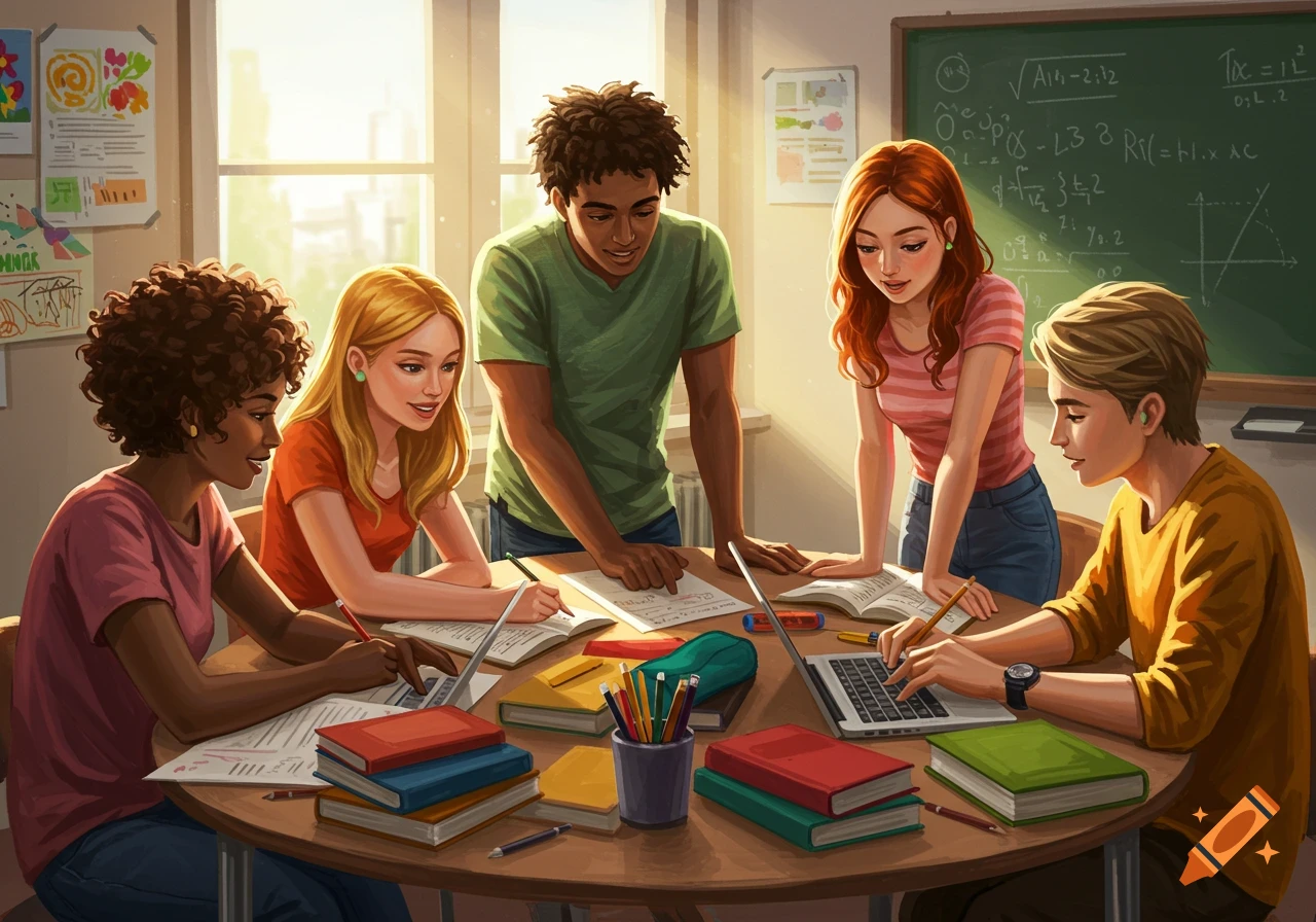 Cartoon illustration of four diverse children happily engaged in a ...