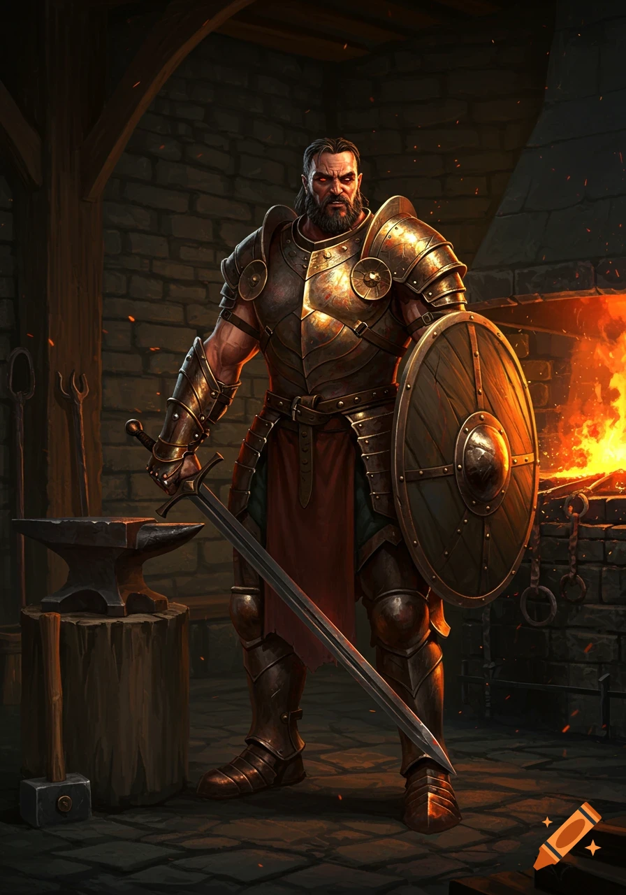 Muscular medieval blacksmith hammering a hot sword on an anvil in a ...