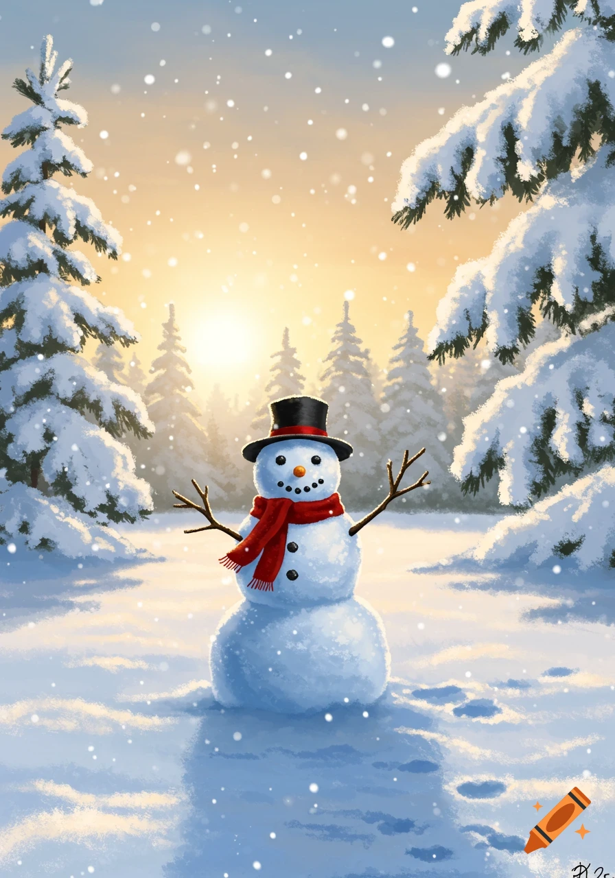A smiling snowman wearing a black top hat and red striped scarf stands ...