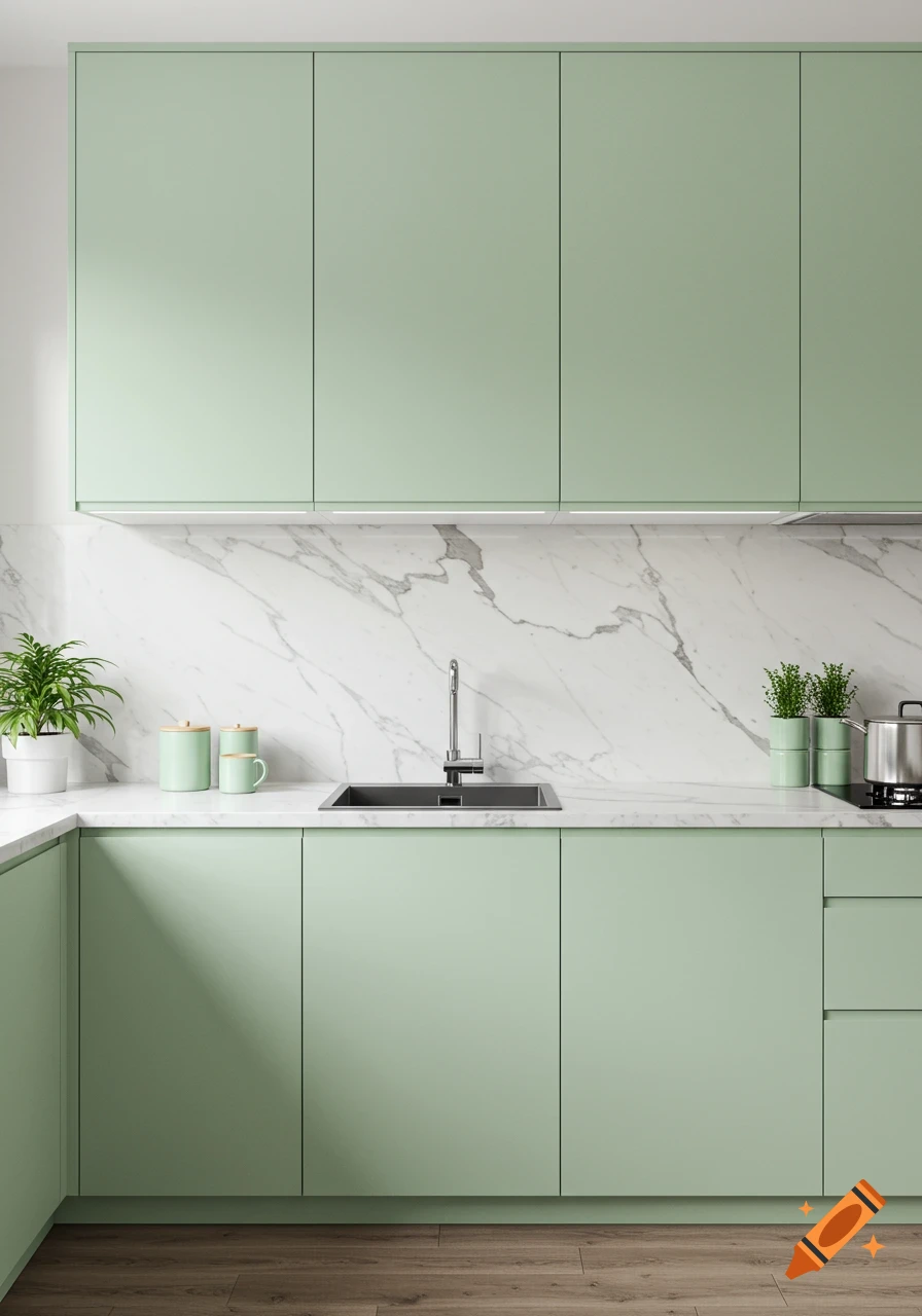 A modern kitchen with white upper cabinets, light green lower cabinets ...