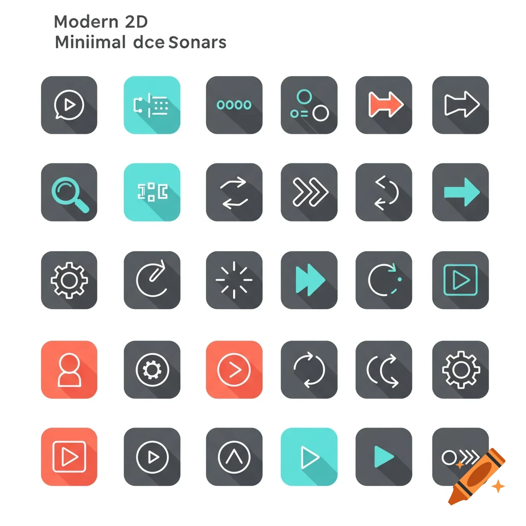 A grid of modern 2D flat design icons with long shadows, featuring ...