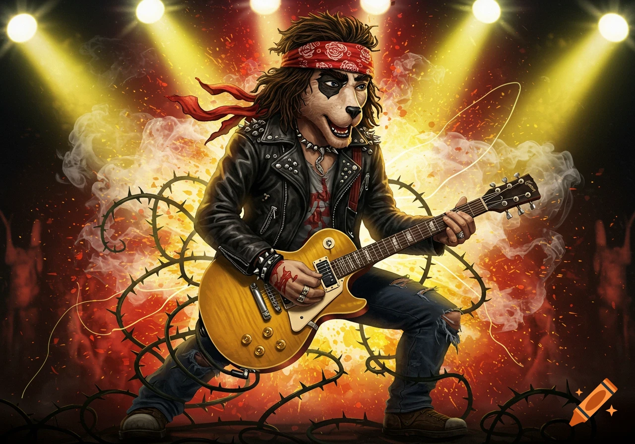 A vibrant 80s heavy metal concert poster featuring an 8-member band ...