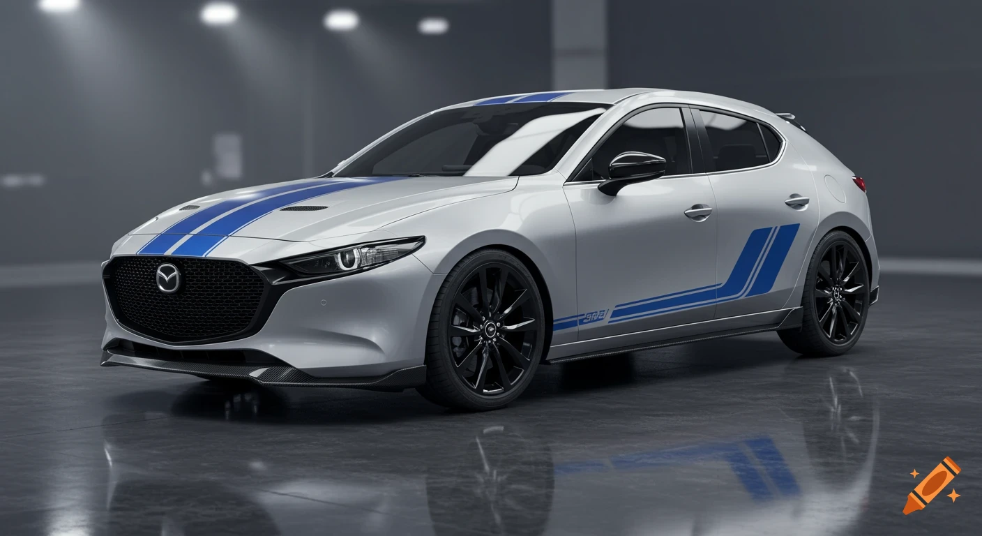 A silver Mazda 3 hatchback with blue racing stripes and black wheels ...