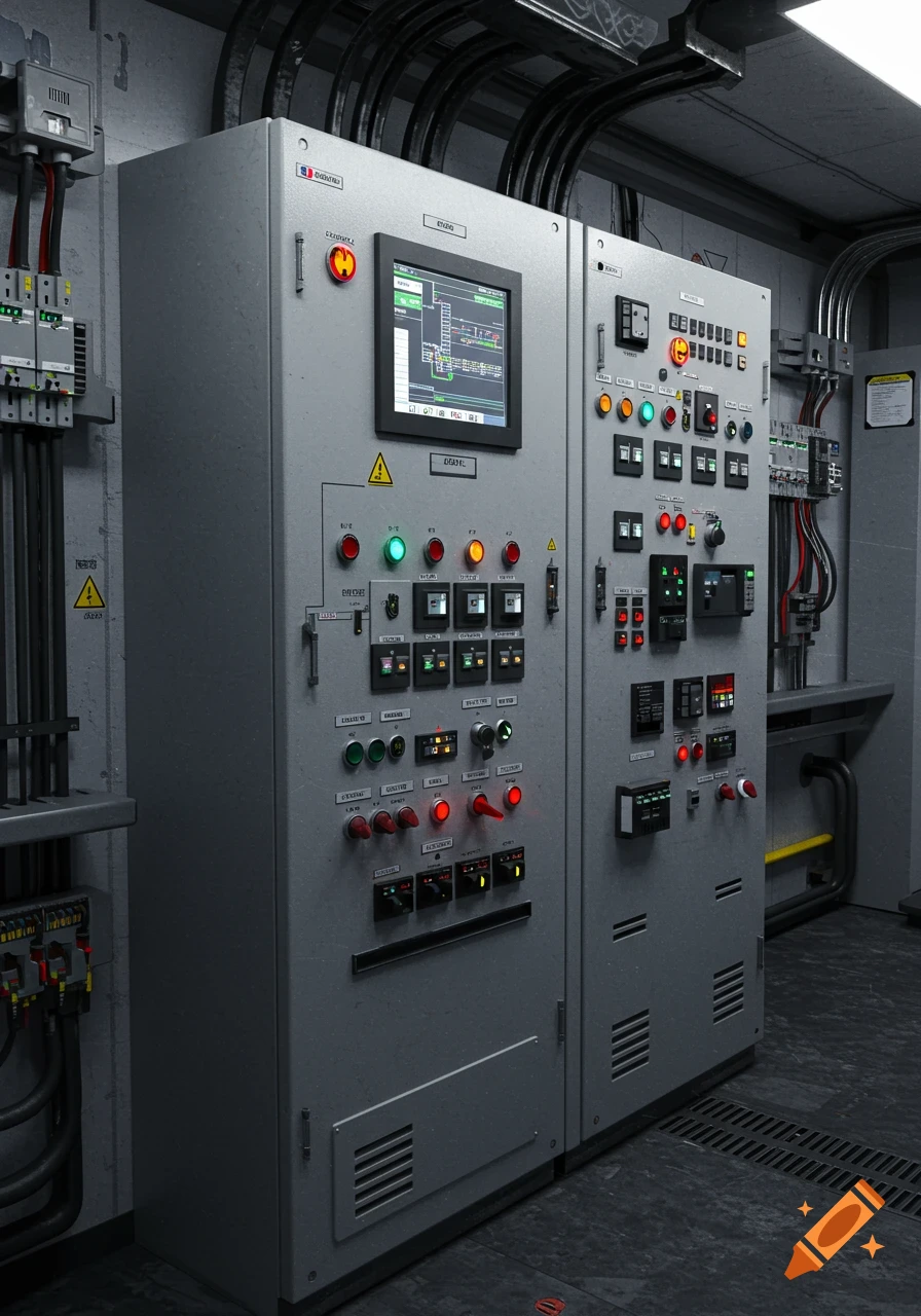 Detailed photorealistic image of an industrial electrical control panel ...