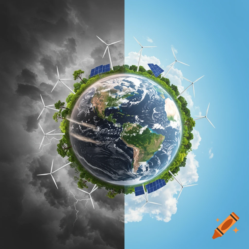 Vibrant green energy logo with Earth, houses, solar panels, wind ...