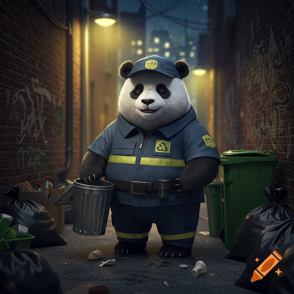 A cartoon panda dressed as a sanitation worker holding a trash can in a ...