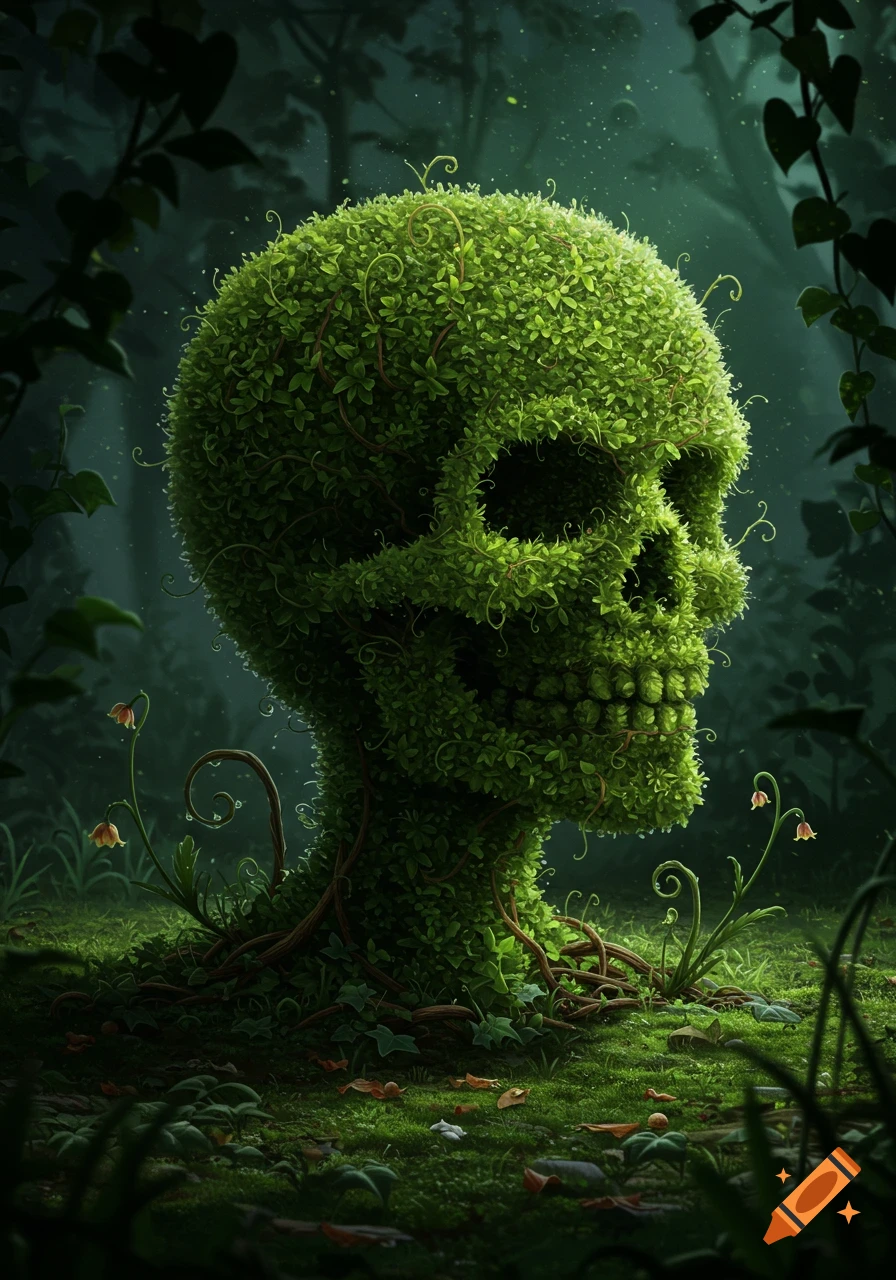 A skull made of green leaves, vines, and roots stands in a dark, mossy ...