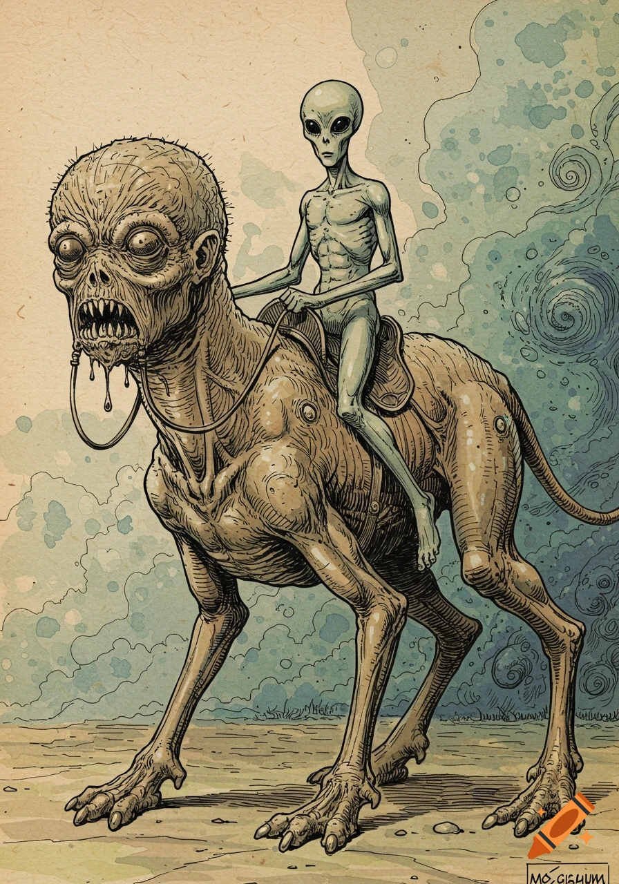 A grey alien rides a grotesque, zombie-like four-legged creature. Pen ...