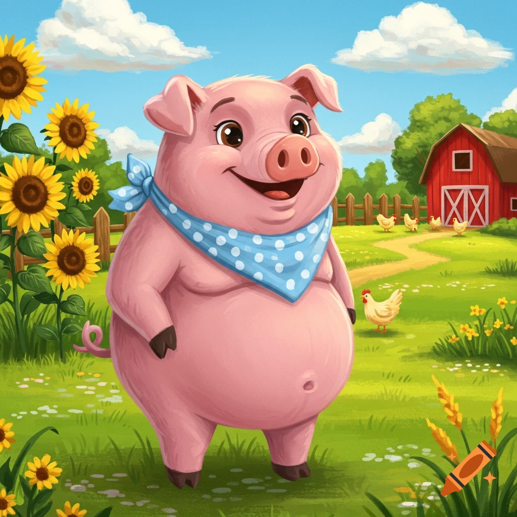 A smiling cartoon pig with a long, curly purple wig stands in a sunny ...
